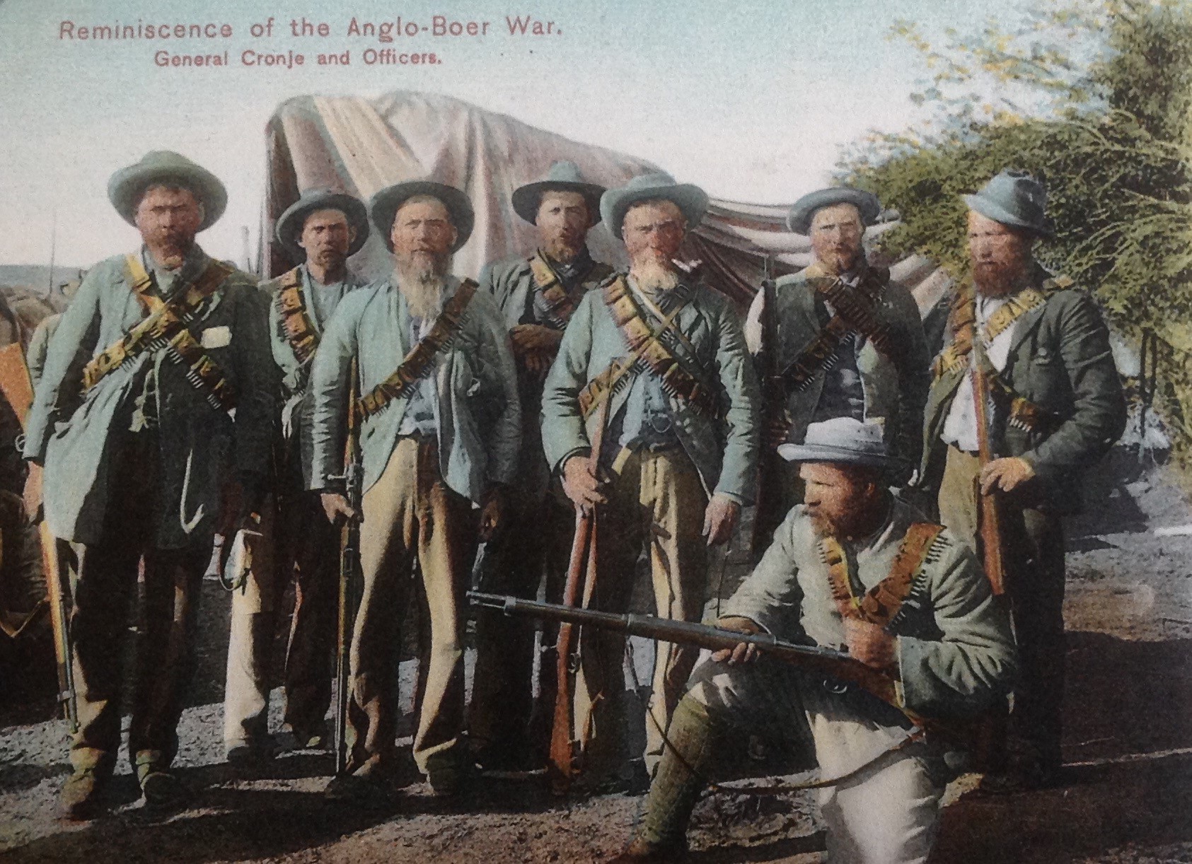 B2 – Hand coloured Anglo-Boer war picture postcard showing General Cronje and Officers via Carol ...